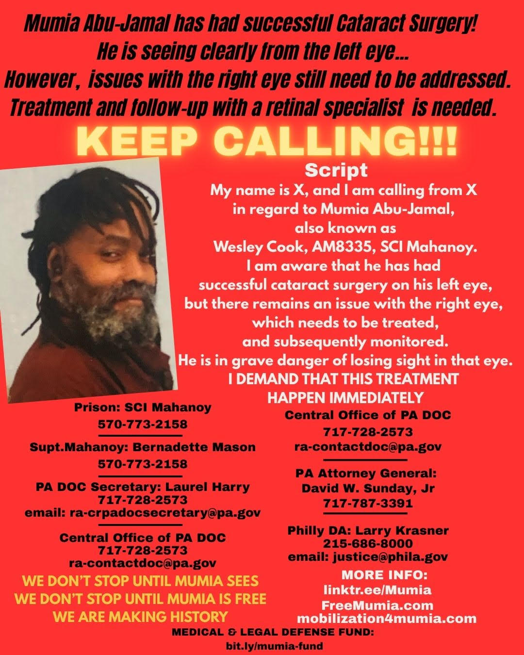 KEEP CALLING FOR MUMIA ABU JAMAL. HE NEEDS FURTHER MEDICAL CARE FOR HIS VISION | Jericho Movement